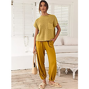 ANRABESS Women's Two Piece Outfits Knit Sweater Vest Crop Top Pants Lounge Matching Tracksuit Sweatsuit Travel Clothes Sets Yellow Large