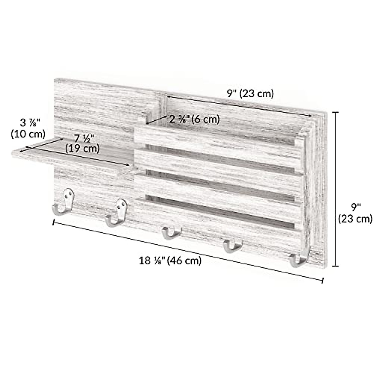 Ballucci Wall Mount Key Holder and Mail Sorter Organizer, Wooden Rustic Floating Shelf Coat Rack with 5 Metal Hooks, for Entryway, Living Room, Mudroom, Kitchen - Rustic White