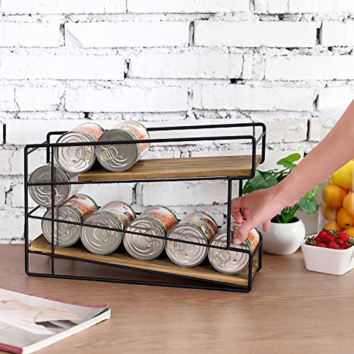 MyGift 2-Tier Rustic Burnt Wood & Black Metal Wire Pantry Canned Food Dispenser Storage Organizer Rack