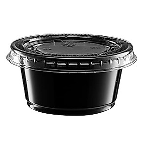 {2 oz - 100 Sets} Black Diposable Plastic Portion Cups With Lids, Small Mini Containers For Portion Controll, Jello Shots, Meal Prep, Sauce Cups, Slime, Condiments, Medicine, Dressings, Crafts, Disposable Souffle Cups & Much more