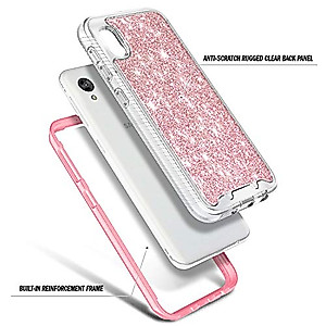 NZND Case for Motorola Moto E6 with Built-in Screen Protector, Full-Body Protection Bumper Shockproof Protective, Impact Resist Durable Cute Phone Case Cover -Glitter Shiny Bling Rose Gold