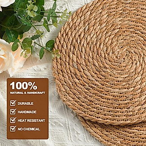 Round Woven Placemats Set of 10, 12" Boho Rattan Placemats Natural Hand-Woven Water Hyacinth Placemats, Farmhouse Weave Place Mats, Rustic Braided Wicker Table Mats for Dining Table,Home,Wedding