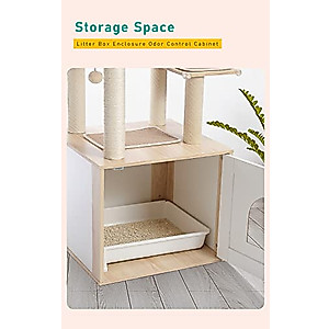 PETEPELA Modern Cat Tree Wood Cat Tower with Storage Cabinet Litter Box Enclosure and Spacious Cat Condo, Large Top Perch and Hammock, Sisal Covered Scratching Posts for Cats Beige