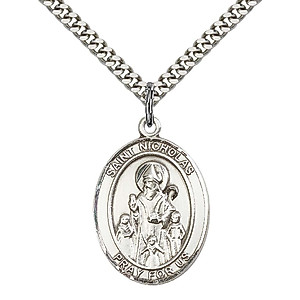 F A Dumont Sterling Silver St. Nicholas Pendant with 24" Stainless Steel Heavy Curb Chain. Patron Saint of Bakers/Brides/Children