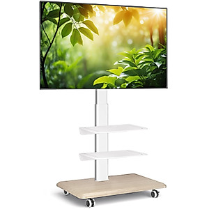 Rolling Floor TV Stand with Swivel Mount for 40-75 Inch Flat Screen/Curved TVs, 3-Shelf Heavy Duty Portable Mobile TV Cart with Wheels, Universal Tall TV Mount Trolley for Home and Office, White