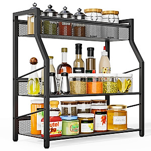 Dunatou 3 Tier Spice Rack, Kitchen Storage Organizer Shelf for Countertop, Metal Seasoning Storage Shelf with Guardrail and Mesh Design for Kitchen, Countertop, Dining Room, Black