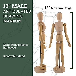 US Art Supply Wood 12" Artist Drawing Manikin Articulated Mannequin with Base and Flexible Body - Perfect for Drawing The Human Figure (12" Male)