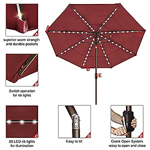 EliteShade USA 10-Year-Non-Fading Sunumbrella Solar 9ft 3 Tiers Market Umbrella with 80 LED Lights Patio Umbrellas Outdoor Table with Ventilation,Burgundy