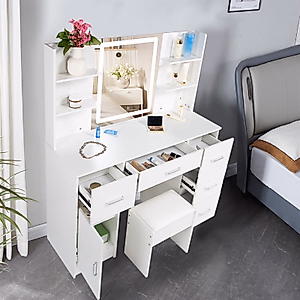 Caulitar Vanity Desk with Mirror and Lights-3 Color and Brightness Adjustable, Vanity Set with Drawers and Chair, White Makeup Vanity Table for Girls