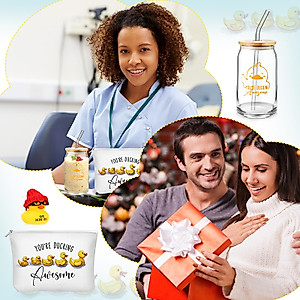 Tioncy 3 Pcs Duck Theme Inspirational Gift Employee Duck Lovers Thank You Gifts Reusable Coffee Glass Tumbler with Lid and Straw Canvas Makeup Bag for Christmas Staff teacher employee gifts