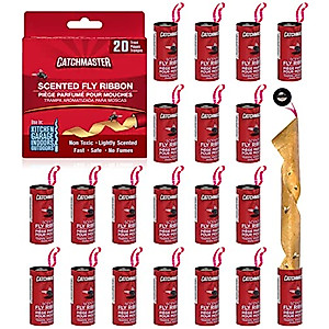 Catchmaster Fly Ribbon 20Pk, Bug & Fly Traps for Indoors and Outdoors, Premium Sticky Adhesive Fruit Fly & Gnat Hanging Strips, Bulk Scented Flying Insect Paper Rolls, Non Toxic Pest Control for Home