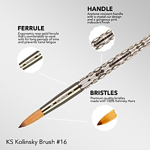 KIARA SKY Black Crystal Acrylic Nail Brush - Professional Nail Tool - Nail Kolinsky Brush - 100% Kolinsky Hand Crafted Nail Tools - Long Lasting Nail Acrylic Brush, #16