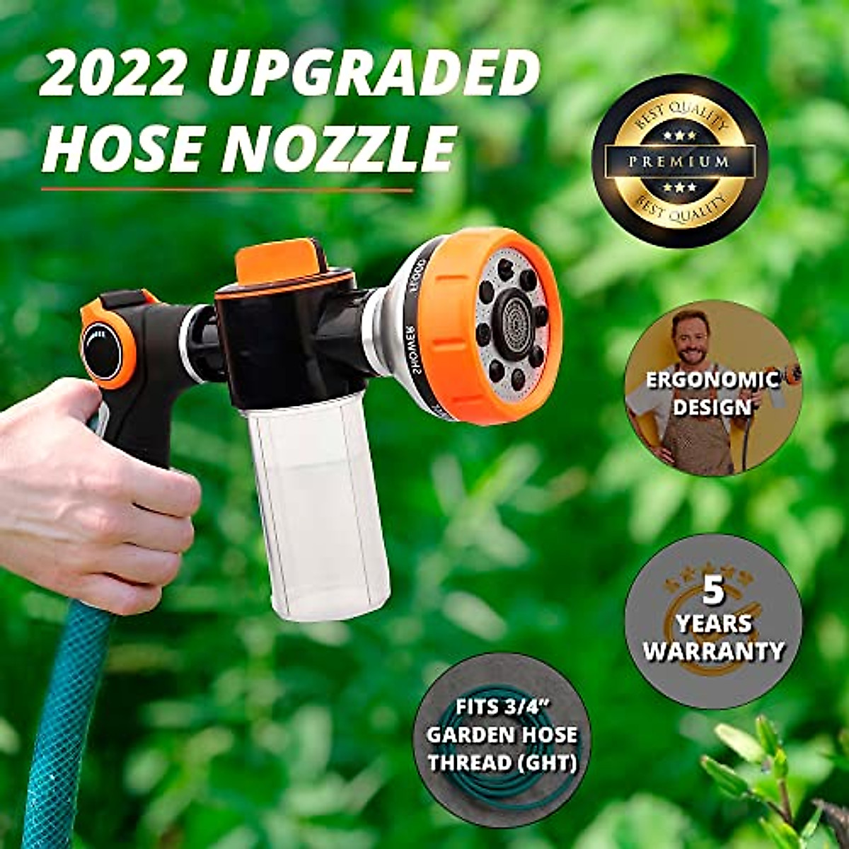 Detail Bright-Premium High Pressure Hose Nozzle-Hose Sprayer with Bottle-Car Wash Foam Gun-Dog Attachment-Garden Nozzle-8 Spray Pattern-Dog Bath-Car Cleaning-Gardening-5 Years, Orange Bezel