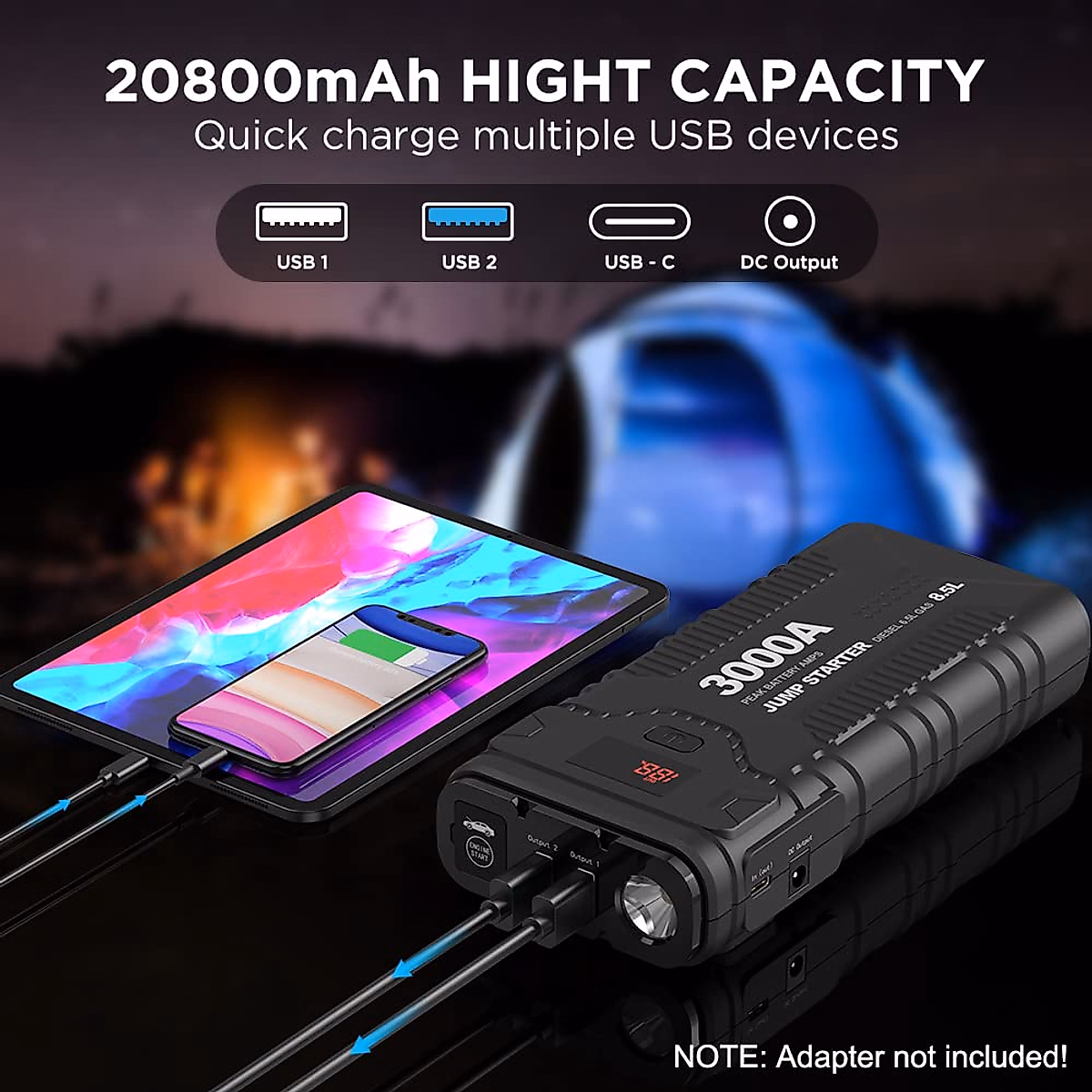 Ainostone Jump Starter 3000A Peak Car Battery Jump Starter 20800mA/h Portable Auto Battery Booster Pack for Up to 8.5L Gas & 6.5L Diesel Engine 12V Car Power Bank Charger with Carry Case LCD Display