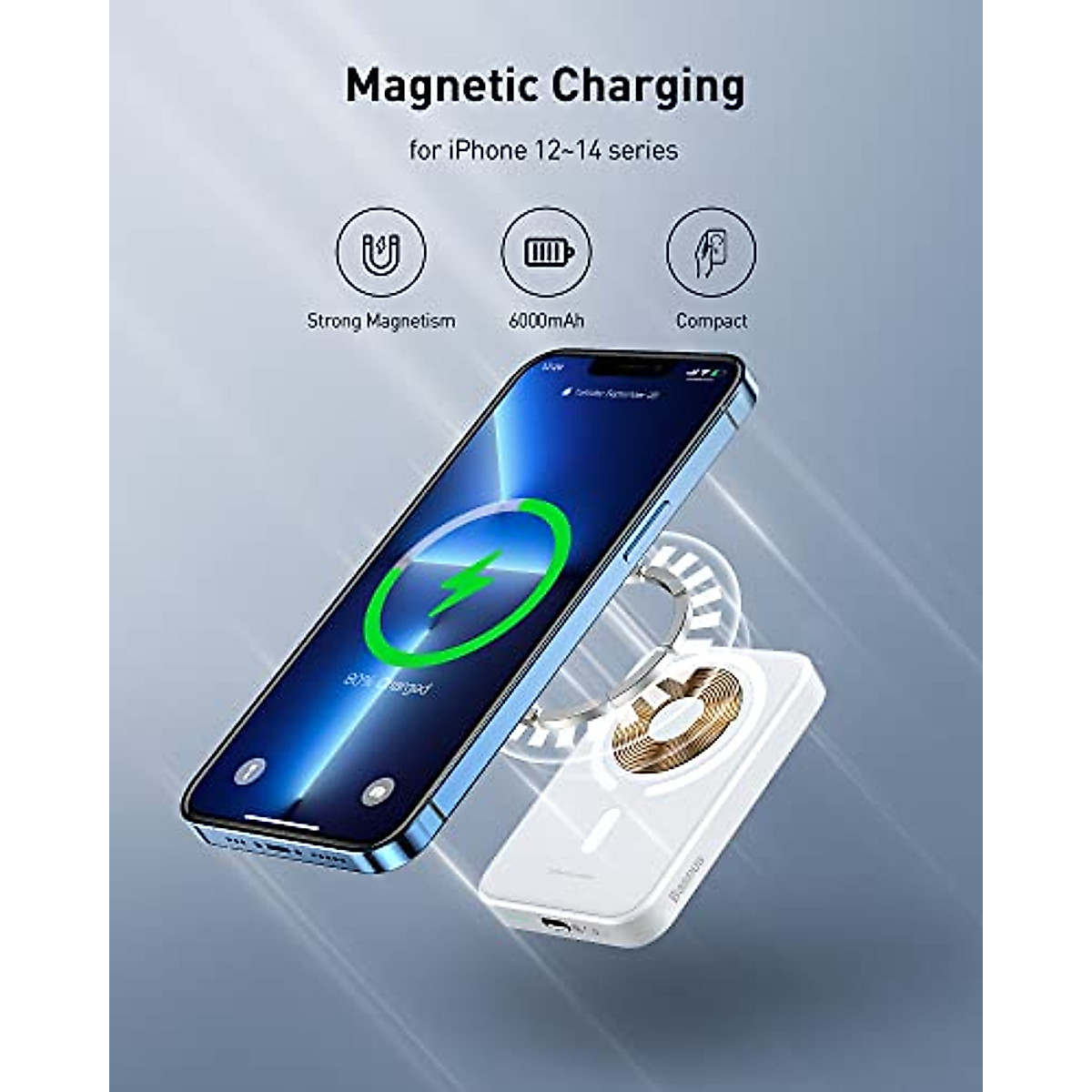 Baseus Magnetic Power Bank Battery Pack 6000mAh Wireless Portable Charger PD 20W with USB-C Cable, for MagSafe, for iPhone 14/13/12 Series, White