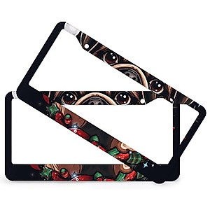 Pug Dog Wearing A Santa License Plate Cover 2 Pack Xmas Lovely Dogs Auto Car Accessories Tag for Women Men US Vehicles 2 Round Holes Stainless Aluminum License Plate Frames