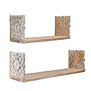 SOFFEE DESIGN Set of 2 Vintage Floating Shelves, Wooden U Shelves Distressed Finish Wall-Mounted Display Ledge, Farmhouse Shelves for Home Decor