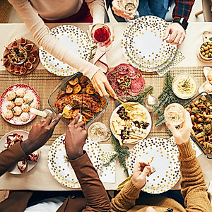 CENLBJ White and Gold Party Supplies,Disposable Party Dinnerware,Golden Dot Paper Plates,Napkins,Forks for Wedding,Birthday,Cocktail Party,Anniversaries,Engagements Serve 25