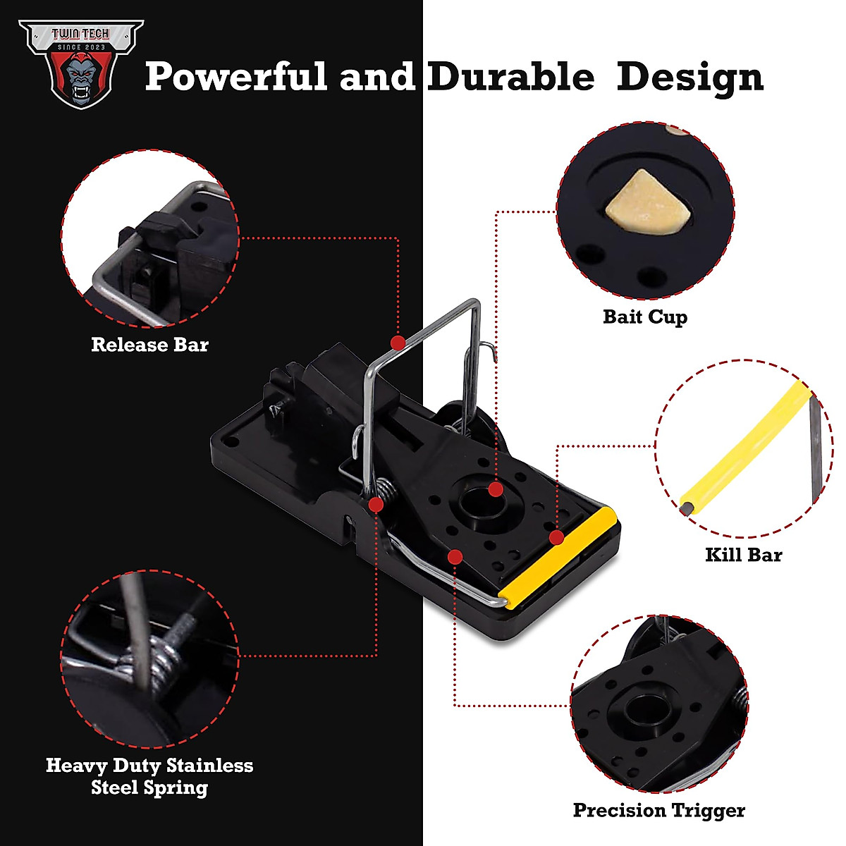 TwinTech Stainless Steel Mechanical Mouse Traps - 4"x2"x2.5" Reusable Snap Traps for Mice - Safe Traps with Finger Protection for Indoor Outdoor Use - 12-Pack