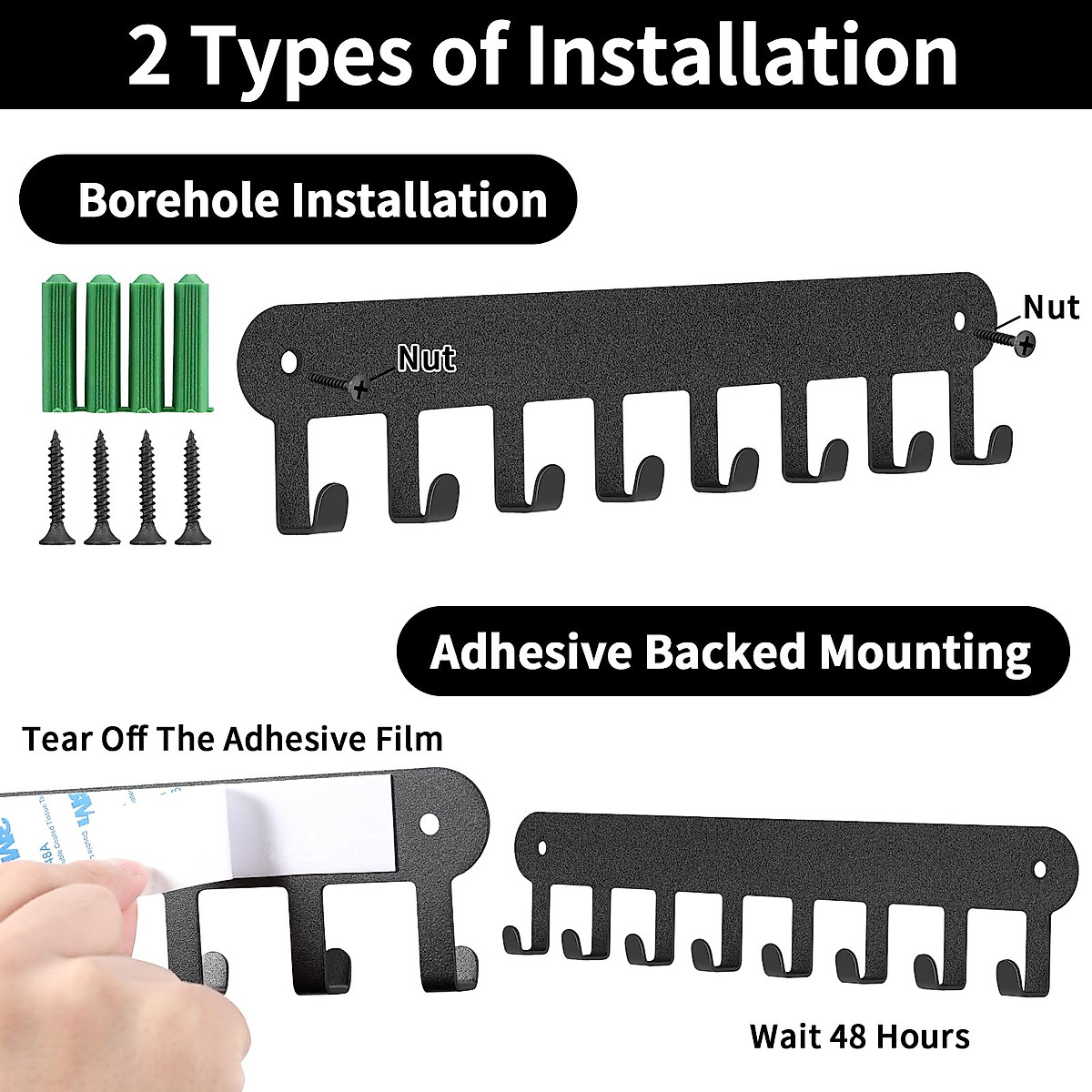 Suzurana 2 Pack Wall Mount Key Holder, Key Hanger Wall Mount with 8 Hooks, Adhesive Key Holder for Wall, Decorative Black Key Holder for Wall No Drill for Living Room, Kitchen, Bathroom