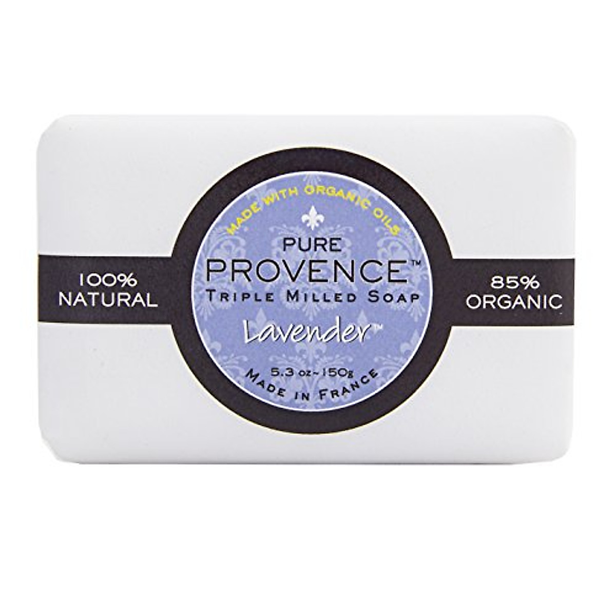 Pure Provence Natural and Organic Triple Milled French Lavender Soap | Organic Shea Butter | Luxury Full-Size Bars | 100% Vegetable Based | Relaxing | 5.3 oz (150g) Soaps (3 Bars)