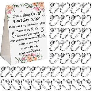 Put a Ring on It Bridal Shower Game with 50 Fake Rings, Rustic Greenery Theme Wedding Shower Games Wedding and Engagement Rings Bridal Shower Decor and Not Say Bride Rules Cards (Silver, Flowers)
