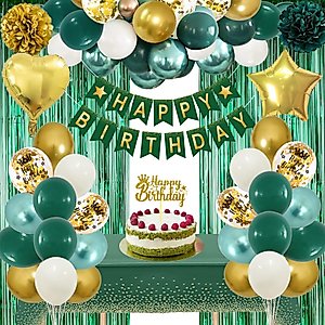 Green Birthday Decorations, Emerald Green and Gold Balloons Party Decorations Happy Birthday Banner Emerald Green Fringe Curtain Birthday Tablecloth Paper Pom Poms for Women Men Birthday Decor