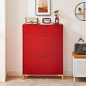 Wekity Shoe Cabinet, Space-Saving Shoe Storage Cabinet with 2 Flip Drawers (Red)