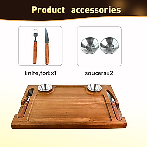 MAVOTER 2 PCS Acacia Wooden Steak Board - 15 Inches Steak Cutting Plate Board with Fork, Knife and Ramekins (2 set)