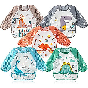2ooya 5PCS Long Sleeved Baby Bibs Dinosaur Pattern Feeding Bibs Infant Toddler Kids Waterproof Long Sleeved Bibs with Pockets Cloth Stain & Odor Resistant Toddler Bibs for Babies Toddlers, 9-48Months