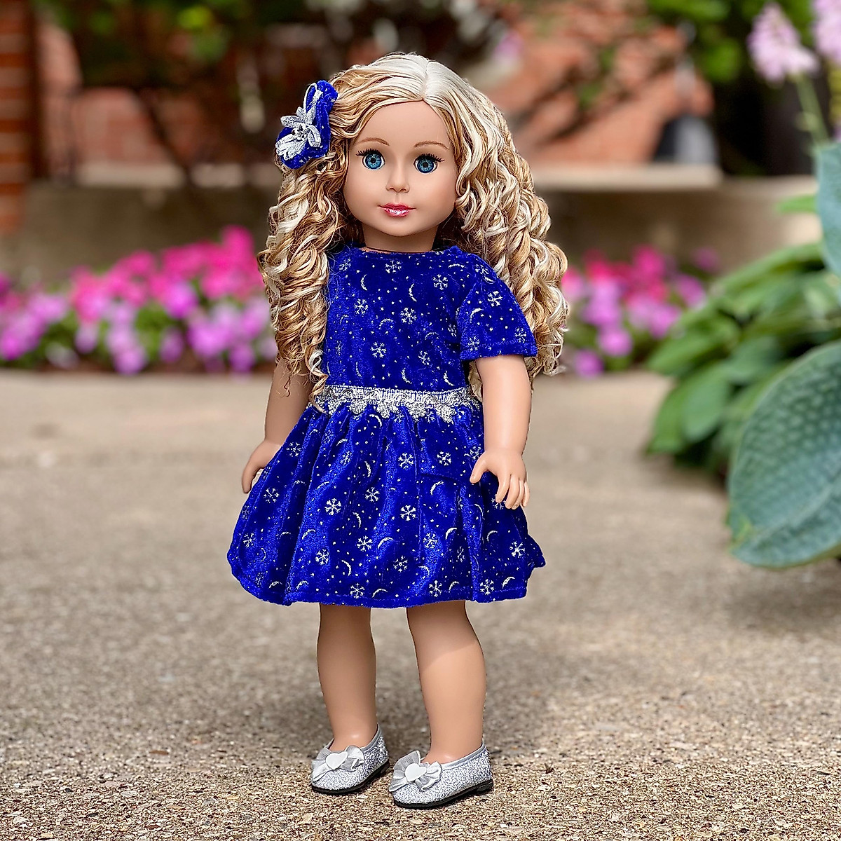 - Midnight Blue - 3 Piece Outfit - Dark Blue Sparkling Holiday Dress with Matching Silver Shoes and Headpiece - Clothes Fits 18 Inch Doll (Doll Not Included)