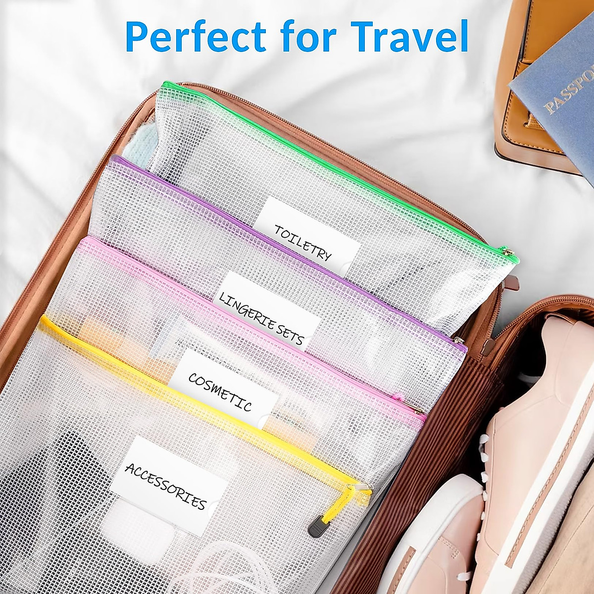 Sooez 20 Pack Zipper Pouch, Mesh Zipper Pouch with Label Pocket, Durable Pouches for Organization, Board Game Storage, Zipper Bag Waterproof, Document Bag Letter/A4