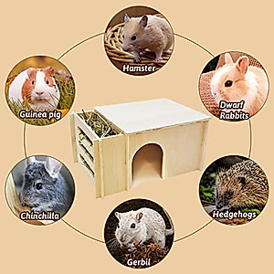 Fhiny Guinea Pig Wood House with Hay Feeder, Detachable Chinchilla Hut Hideout Small Animal Hideout Hideaway Natural Hamster Habitat Decor for Guinea Pig Chinchilla Dwarf Rabbit Hamster