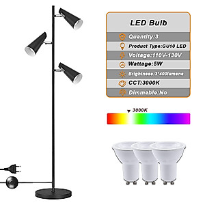 Industrial Floor Lamp,Modern Floor Lamp with 3 LED GU10 Bulbs,Foor Lamps for Living Room,Flexibly Rotatable Light Head,Black Tall Standing Lamp for Bedroom Reading,Home,Office-50,000hrs Lifespan