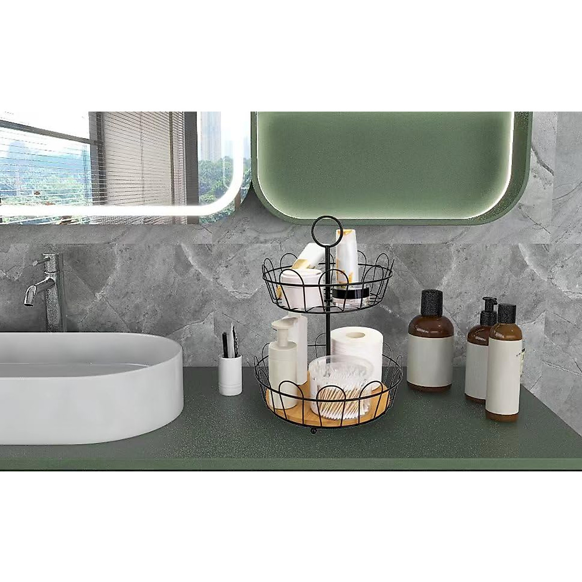 2-Tier Farmhouse Fruit Basket Stand, Wire Fruit Vegetables Countertop Storage Rack, Multifunctional Detachable Bread Snack Holder Bowl for Kitchen and Bathroom Organization - Black