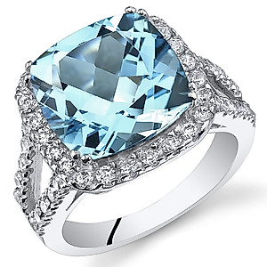 PEORA Swiss Blue Topaz Signature Ring for Women 925 Sterling Silver, Genuine Gemstone Birthstone, Large 6.25 Carats Cushion Cut 11mm, Size 9