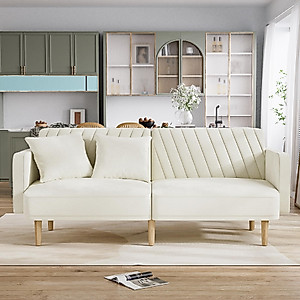OUYESSIR Futon Sofa Bed, 75.3", Couch, Small Sofa, Sleeper Sofa, Loveseat, Mid Century Modern Velvet Futon Couch with 2 Pillows for Living Room (Beige White Velvet, Futon)