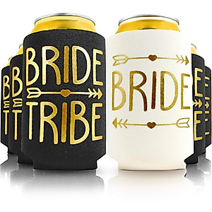 11pc Set. Bride Tribe and Bride Drink Coolers for Bachelorette Party, Bridal Shower and Wedding. 4mm Thick Bottle Sleeves, Can Coolies, Beverage Insulators (11pc Set, Black & Gold)