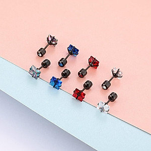 Hopply 4 Pairs Titanium Screw Back Surgical Stainless Steel Earrings for Women Men,Rainbow 5A Cubic Zirconia Studs Double Side Earrings Piercing Sleeper Jewelry 6mm(4 Packs Square CZ-6mm)