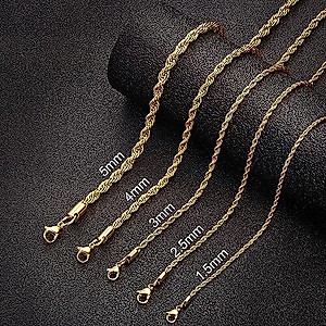 Gold Plated Necklace for Men 2.5MM 18 Inches Stainless Steel Twist Rope Chain for Women Boys