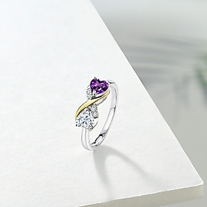 925 Silver and 10K Yellow Gold Purple Amethyst and Moissanite From Charles & Colvard Women Ring (0.96 Cttw, Heart Shape 5MM, Gemstone Birthstone, Available In Size 5, 6, 7, 8, 9)