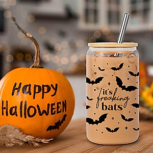 Lovearth Halloween Bats Cup, Gothic Bat Iced Coffee Cup, 16oz Halloween Glass Cup with Lid and Straw, Spooky Gifts, Cute Halloween Gifts for Women, Men, Bat Lovers, Gifts for Halloween Lovers