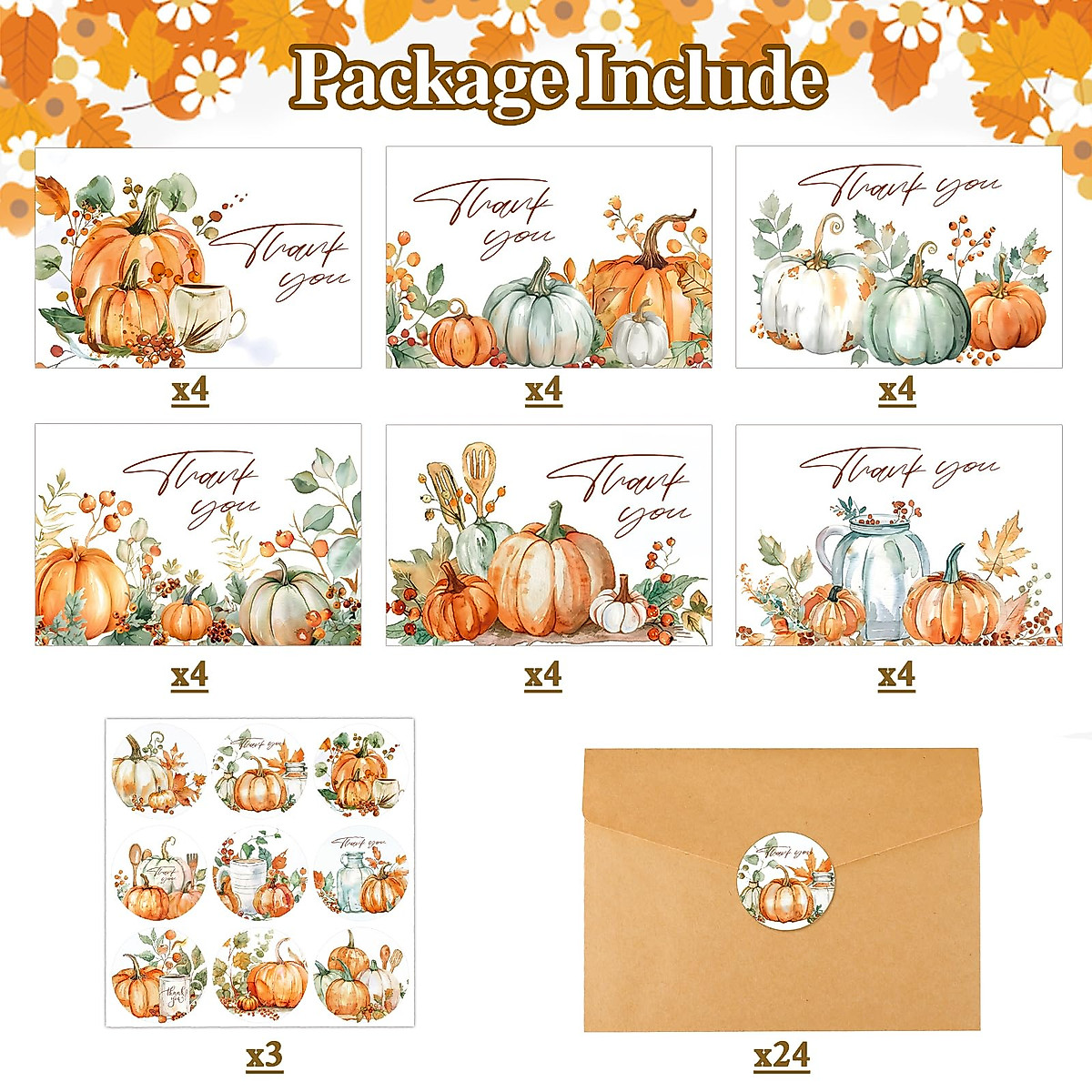 Konsait Pumpkin Thank You Cards, 24 Pack Watercolor Pumpkin Fall Thank You Cards with Envelopes and Stickers, 6 Design Bulk Thank You Cards for Thanksgiving Baby Shower Wedding