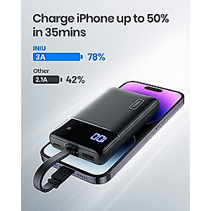 INIU Portable Charger, Adjustable Built-in Cables 10000mAh Power Bank with Tiny Size, Tri-3A High-Speed Battery Pack for iPhone 14 13 12 11 Pro X Samsung S22 S10 Google LG iPad Tablet Airpods etc.