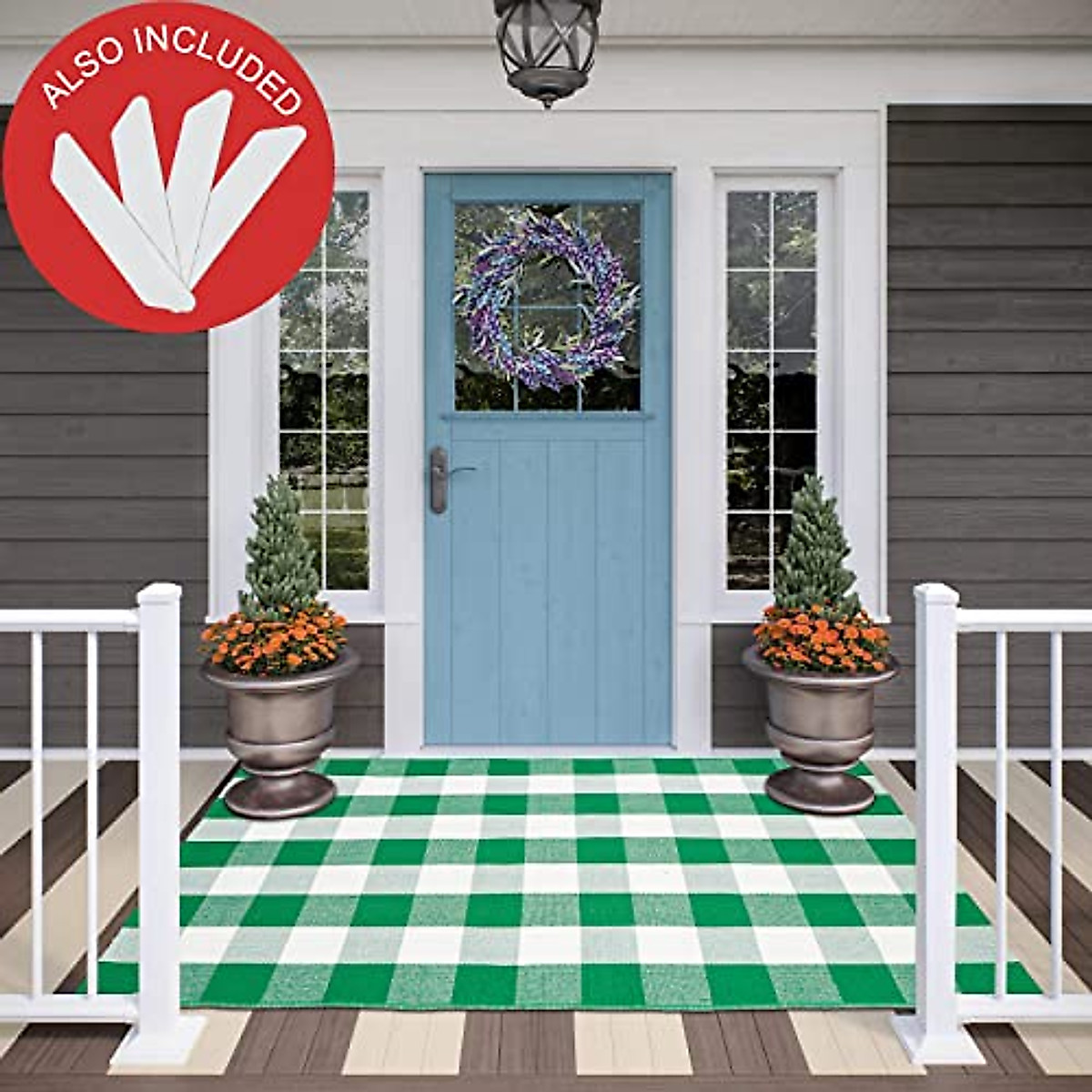 Green Checkered Outdoor Rug Front Door Mat 24'' x 51'', Buffalo Plaid Entryway Rug with 4 Non-Slip Grippers, Farmhouse Vibe Porch Rug Welcome Layered Doormat, Laundry Room/Entrance/Kitchen Rug