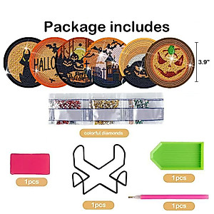 7 FloFairy Diamond Painting Coasters with Holder, Halloween DIY Diamond Art Kits for Beginners, Adults, Kids Small Diamond Painting Kit Art Craft Holiday Supplies (6PCS)