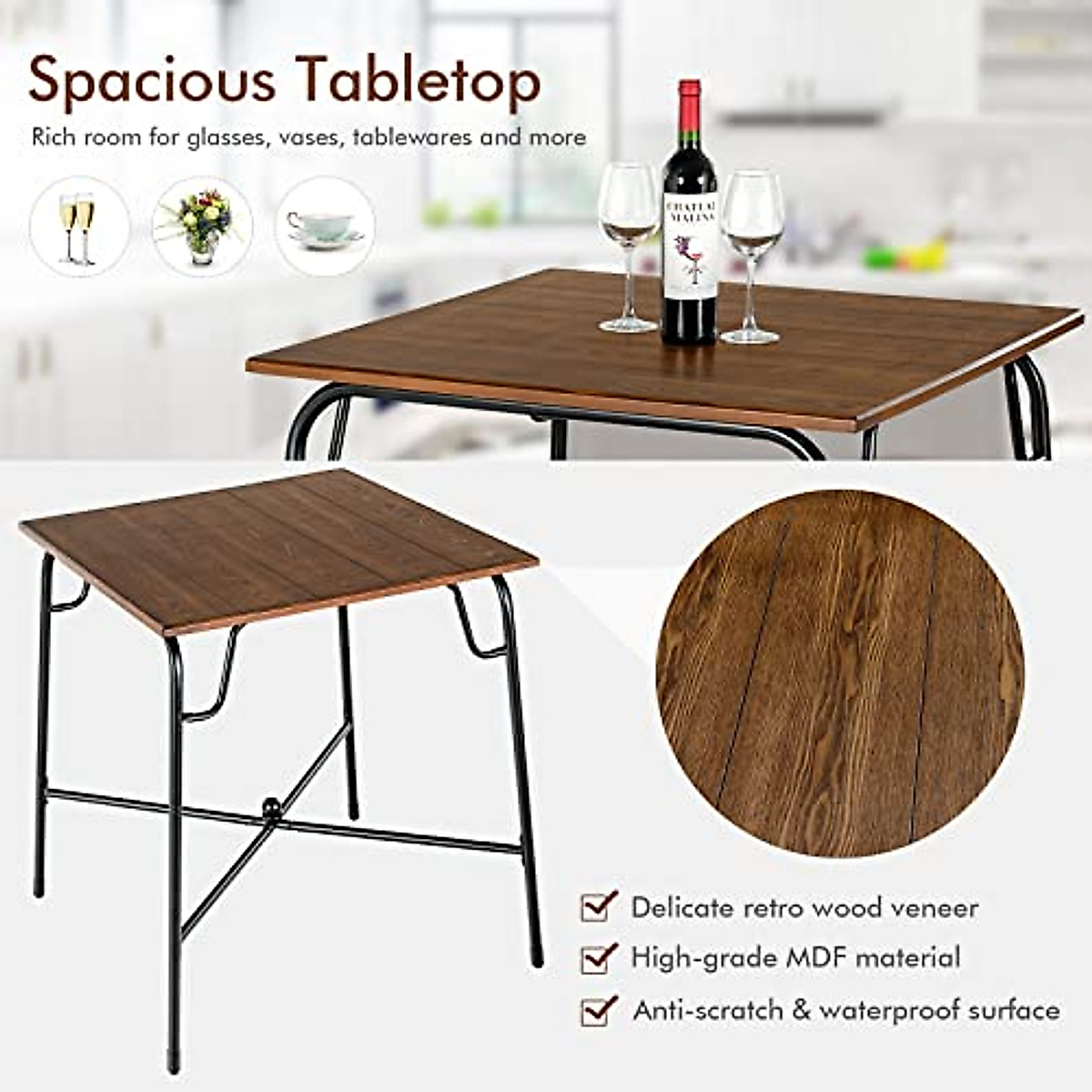 COSTWAY 5-Piece Bar Table Set Industrial Counter Height Square Table with 4-Piece Classic Backless Stools Space-Saving Vintage Dining Table Set for Apartment Breakfast Nook Easy Assembly Rustic Brown