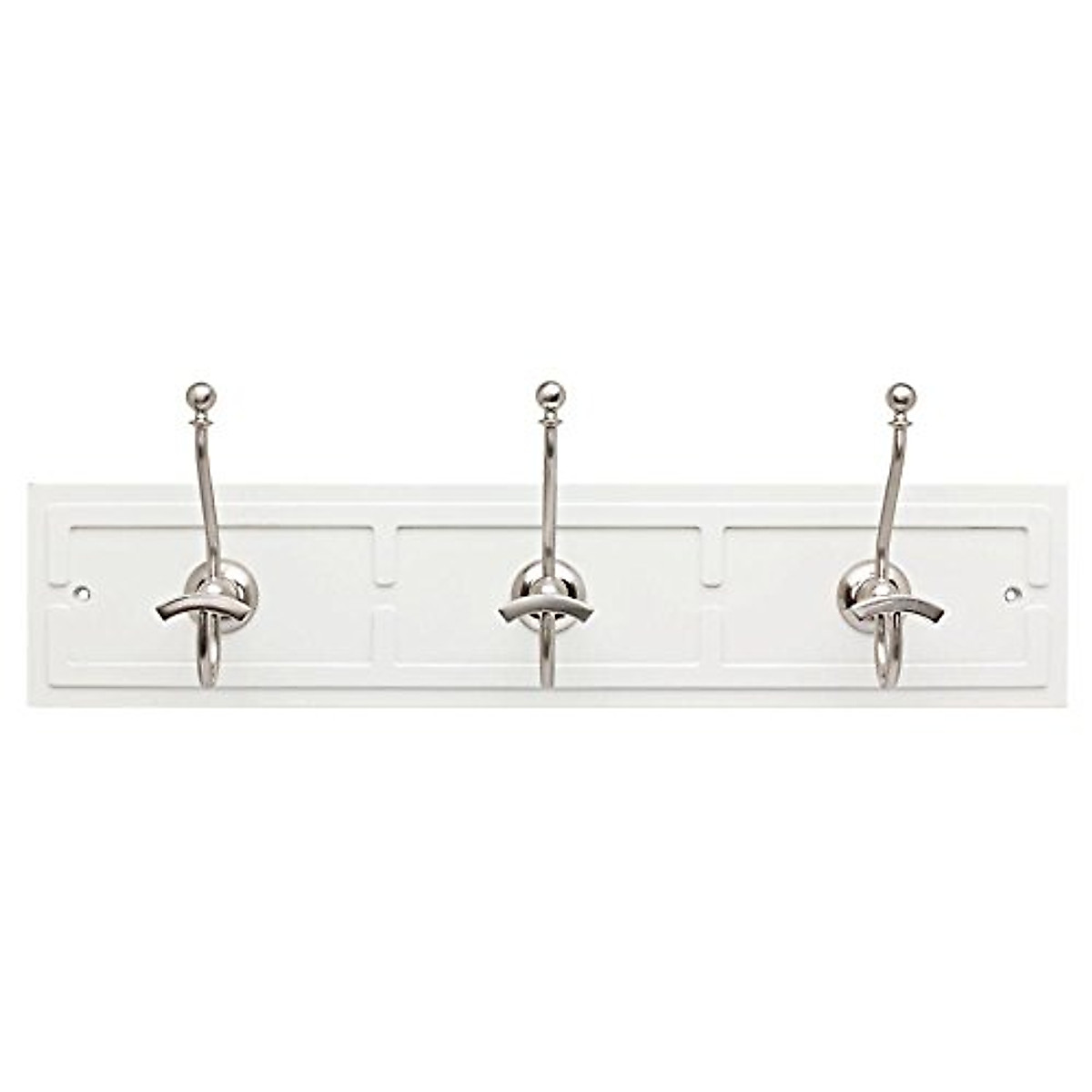 Liberty 22 inch Stylish Wall Mounted White and Satin Nickel Wardrobe Hook Rail/Coat Rack with 3 Pretty Dual Hanger Hooks for Coats, Hats, Scarves, Key • Extra Wide Hanging Space