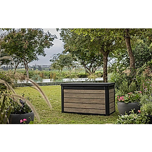 Keter Ashwood 100 Gallon Resin Deck Box Organization and Storage for Patio Furniture Outdoor Cushions, Throw Pillows, Garden Tools and Pool Toys, Brown