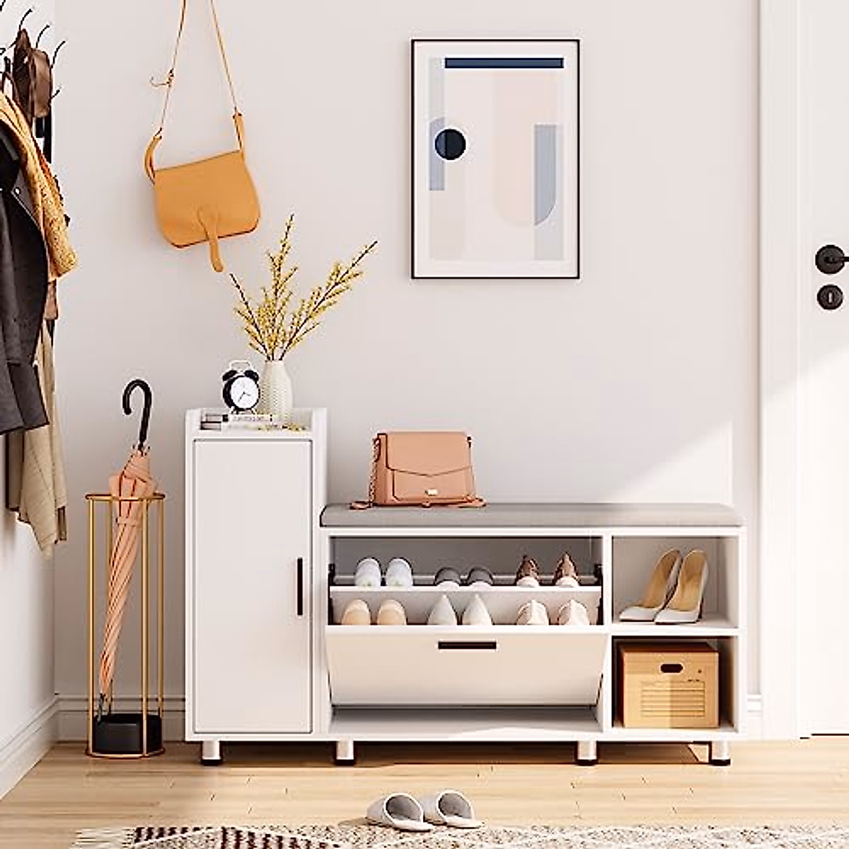 Maupvit Shoe Storage Bench with Flip Drawer Shoe Cabinet, 8 Height Adjustable Metal Feet Shoe Bench, Entryway Bench with Removable Seat Cushion, Narrow Shoe Rack Shoe Cabinet for Entryway Slim, White